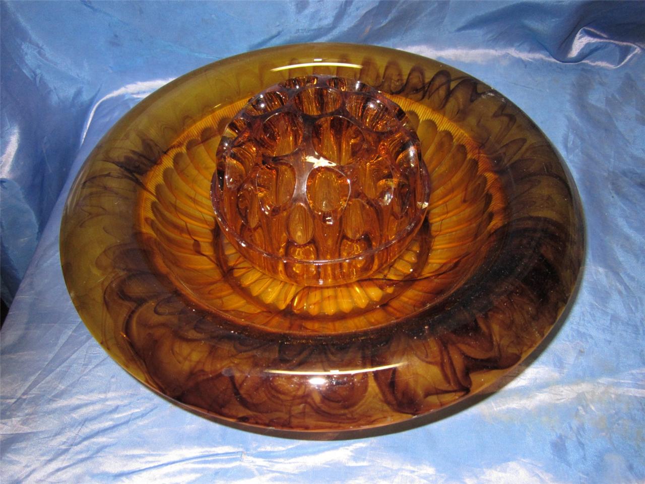 Art Deco English Davidson Amber Cloud Glass Float Bowl With Original Center Frog Ebay