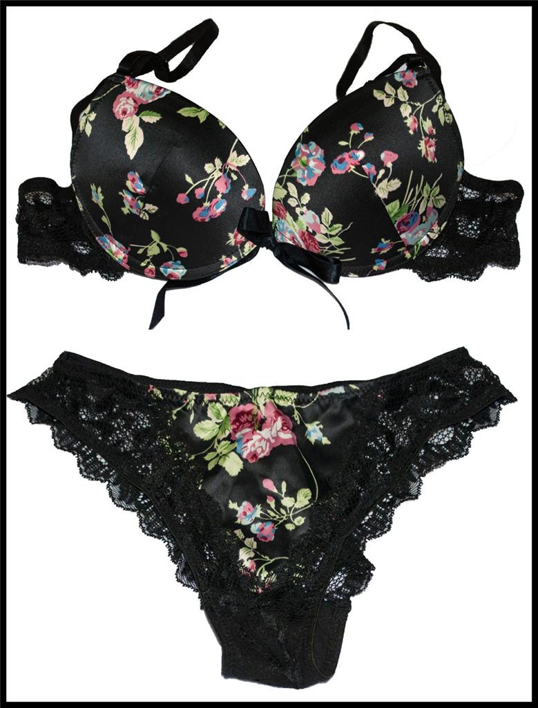 Black Satin Lace Floral Prints Push Up Bra Panties Set 10b 10c 12c 14c