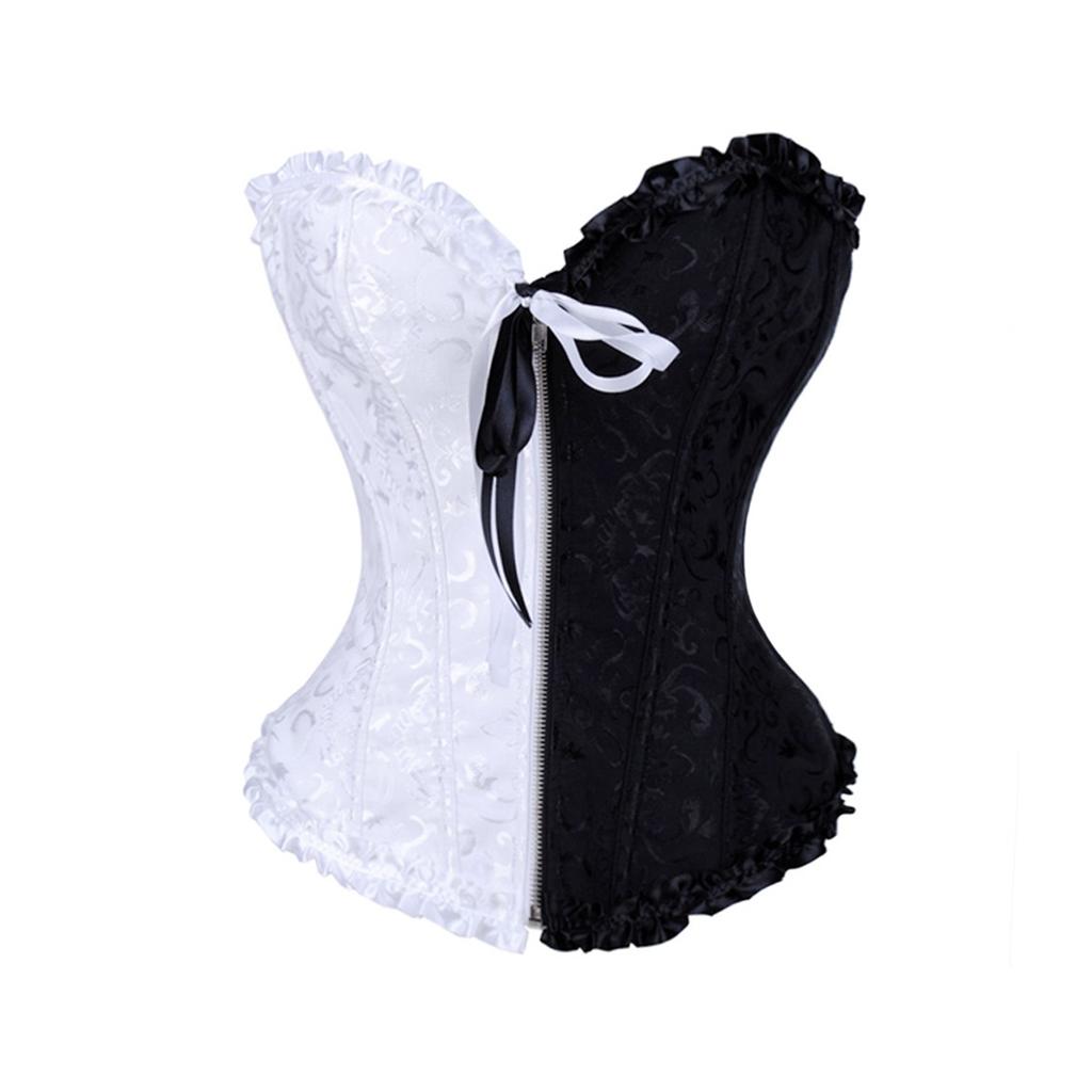Lovely Lingerie Black White Half Zip Up Overbust Boned Corset Top S Xl