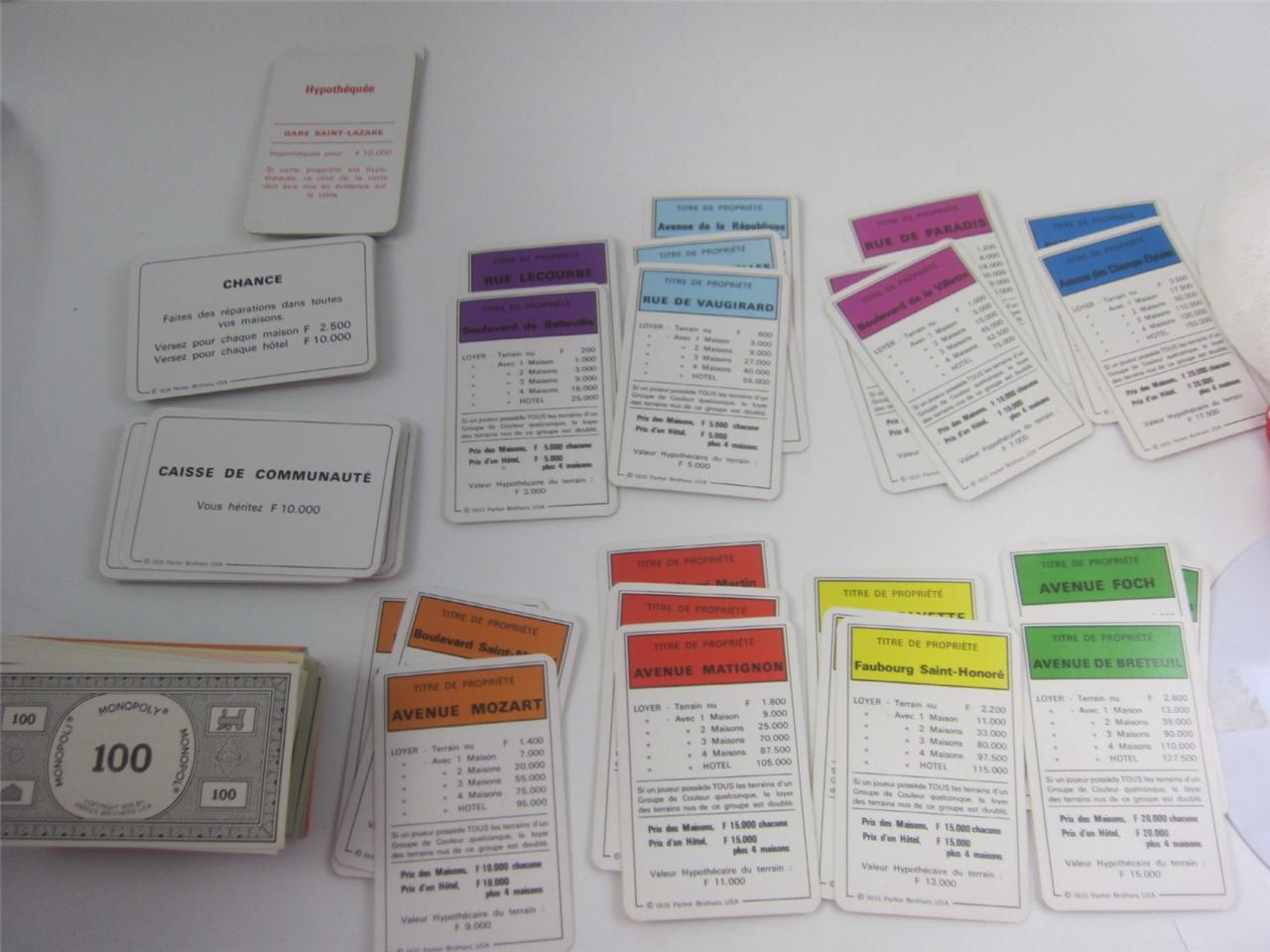 Monopoly 1985 French Language France Money & Game, Property Cards Only ...