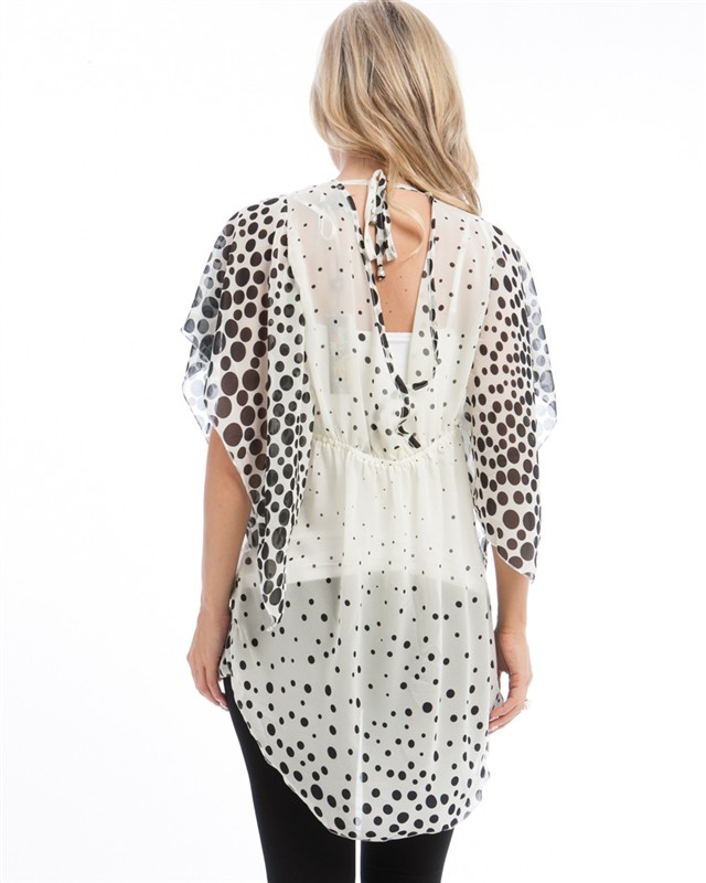 Women White Ivory And Black Polka Dot Flutter Sleeve Blouse Top