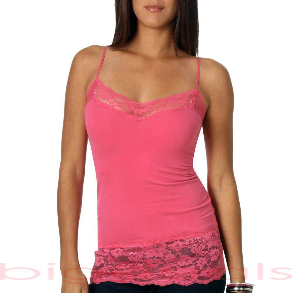 Basic Spaghetti Strap Plain Long Lace Trim Tank Top Layering Cami Sz 14