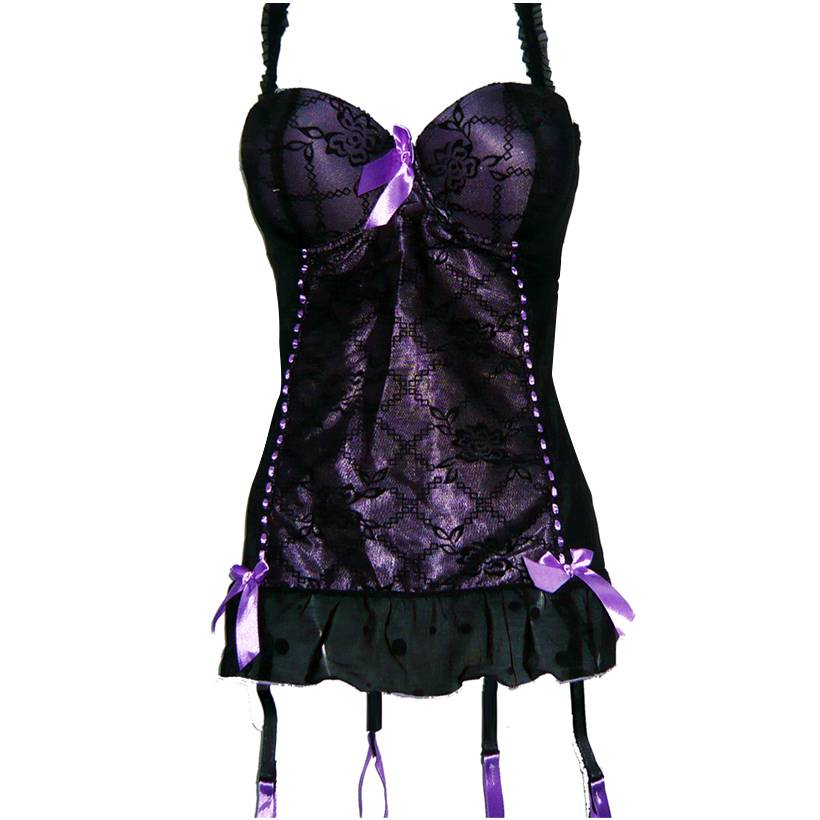 Sexy Black Mesh And Lace Purple Lined Fitted Underwire Garter Teddy Xl 2x