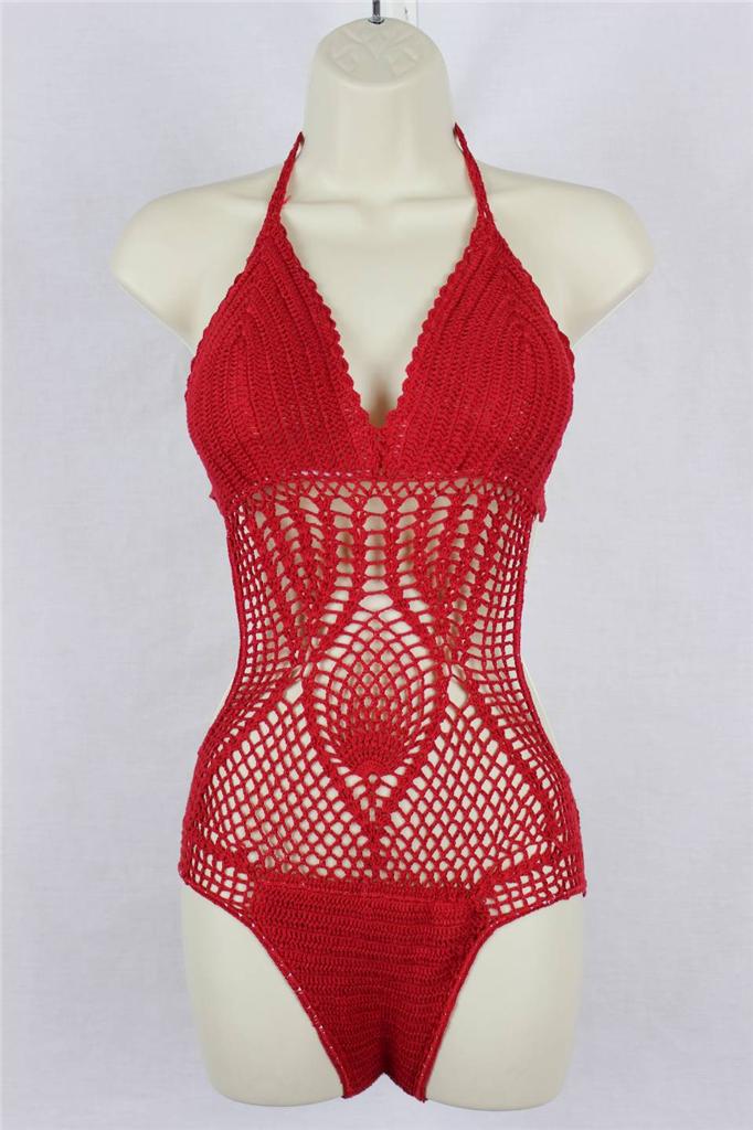 Hand Made Crochet Halter Tie Back Monokini One Piece Swimsuit Swimwear