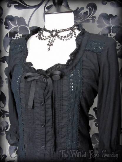Romantic Victorian Black Pintuck Lace Ribbon Blouse 10 Elegant Goth