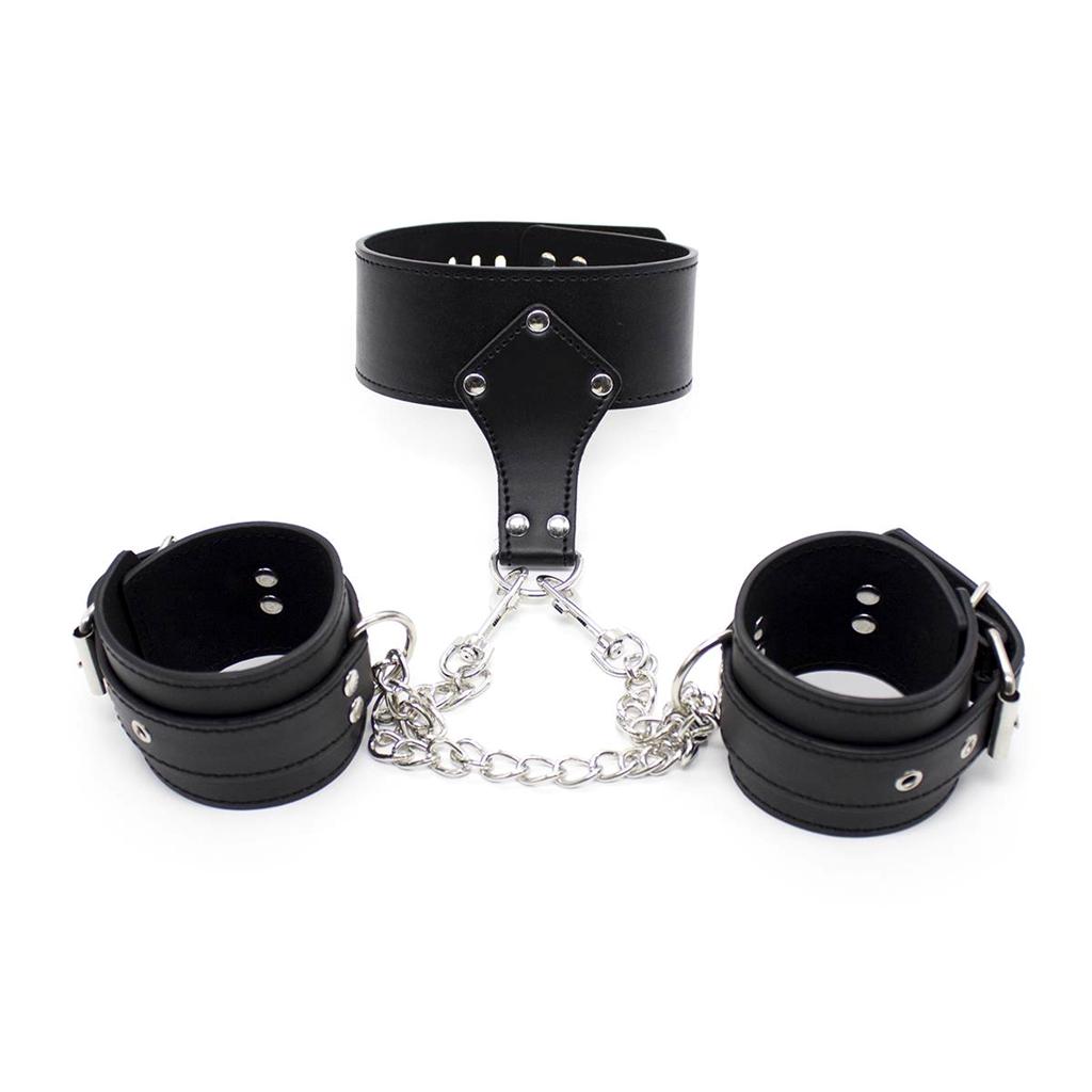 Quality Pu Leather Neck Collar And Wrist Hands Cuffs Restraint Bondage Set Black Ebay