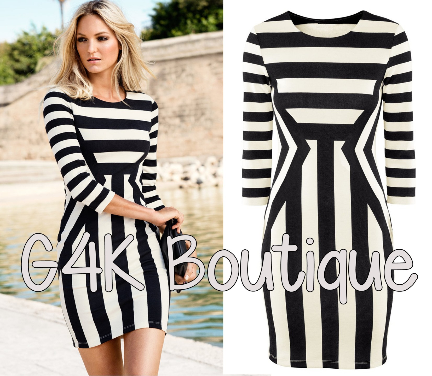 Women Celeb Monochrome Black White Striped Optical Illusion Party