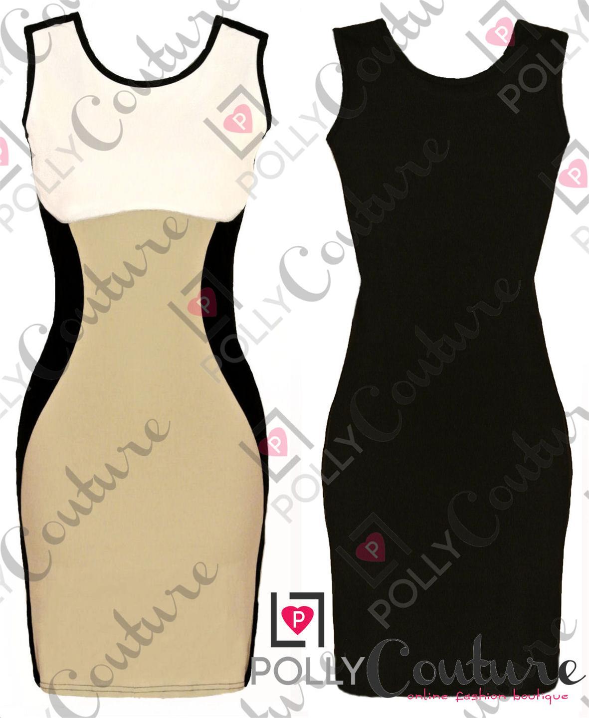 Womens Bodycon Slimming Illusion Waist Black Smart Pencil Cocktail Midi