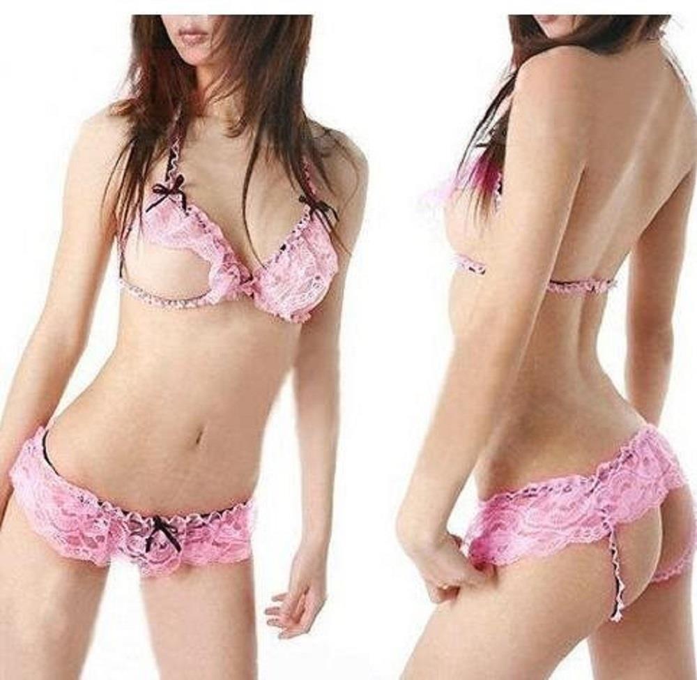 New Sexy Fun And Cute Lace Peek A Boo Open Bra And V Thong Lingerie Set