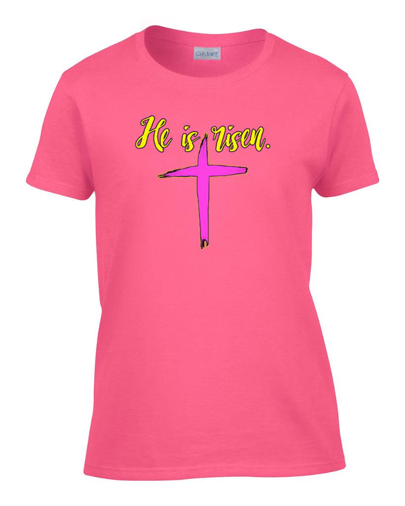 Ladies Christian Neon He Is Risen Jesus Christ Cross Womens T Shirt Ebay