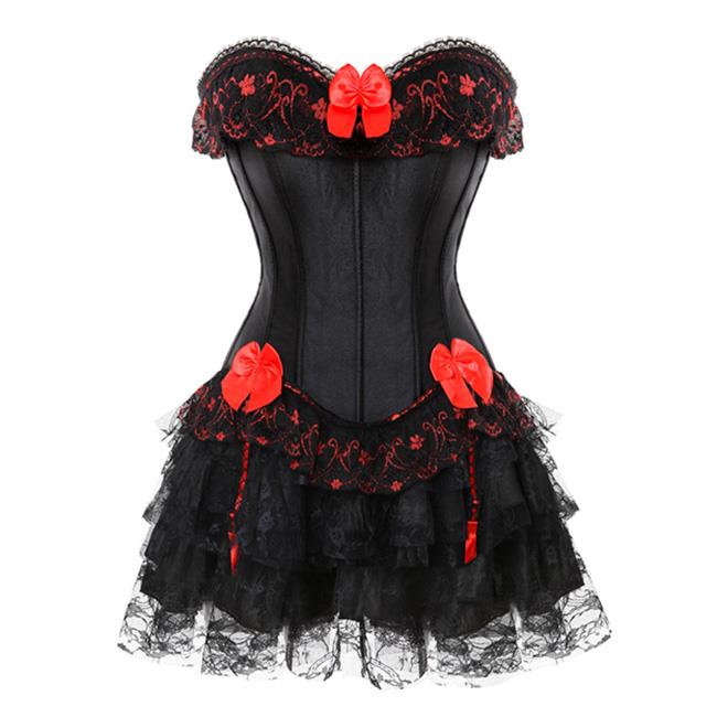 Lingerie Lace Ruffle Satin Strapless Burlesque Corset Skirt Set S M L