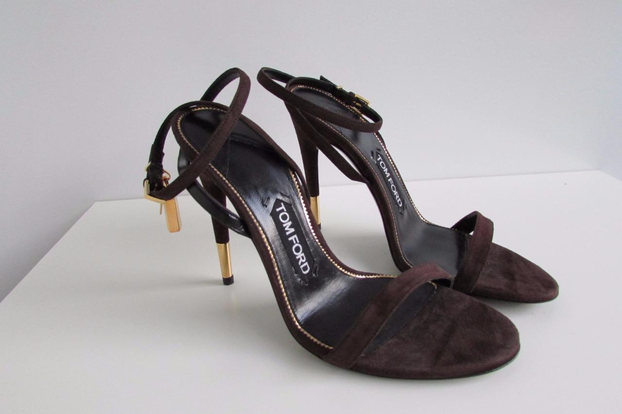 Auth NIB 890 TOM FORD Naked Strap Padlock Sandal Brown Suede 38 5 39 5