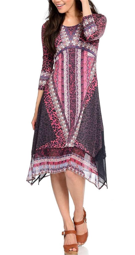 NEW - One World Printed Knit & Woven 3/4 Sleeve 4-Point Hem Midi Dress ...