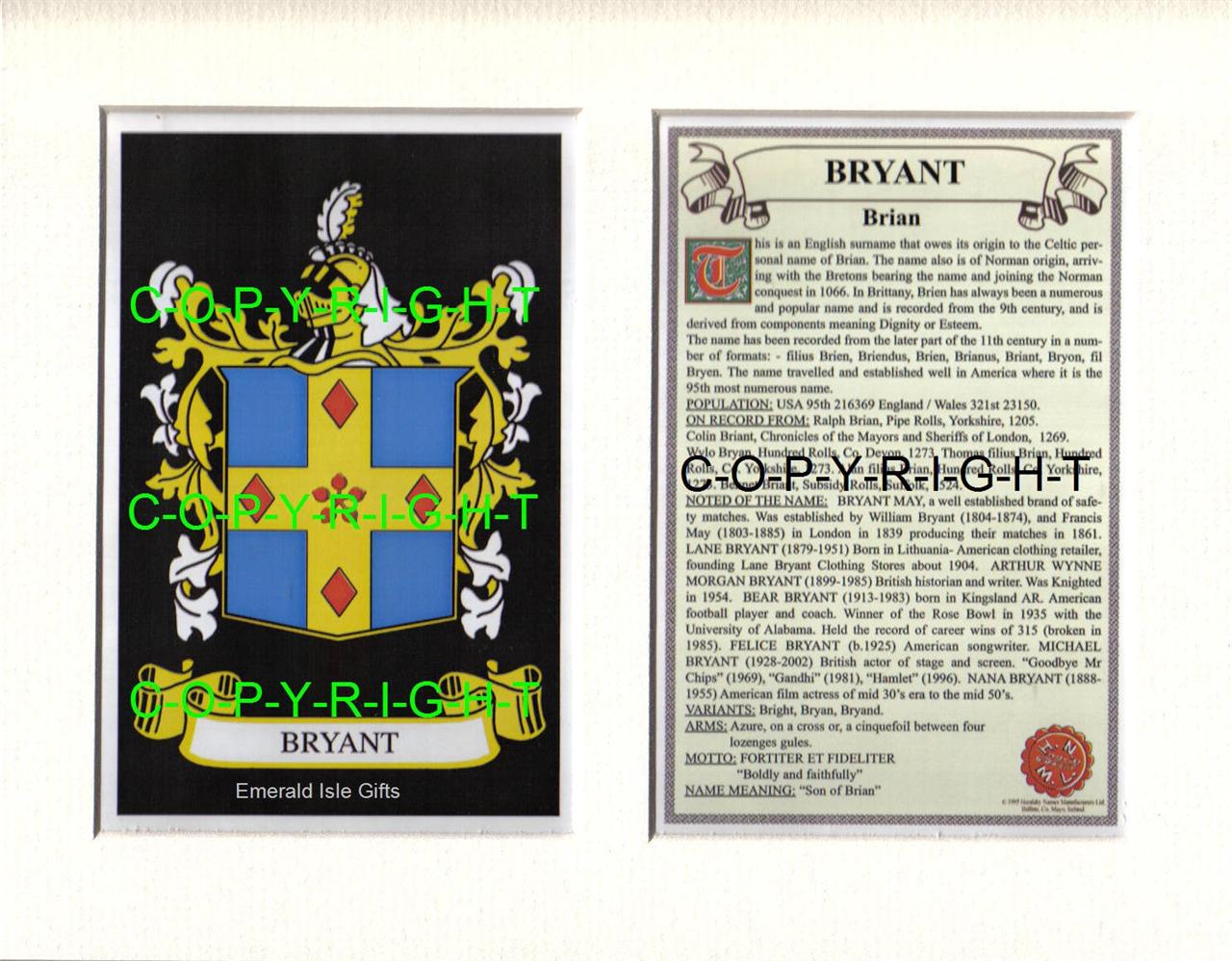 BRYANT Family Coat of Arms Crest + History - Available Mounted or Framed