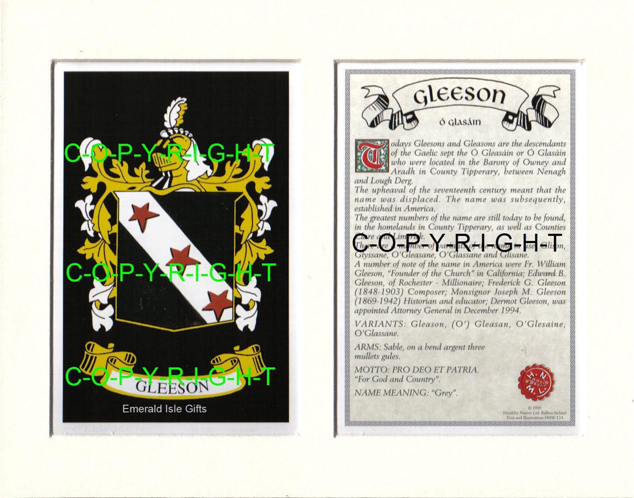 GLEESON Family Coat of Arms Crest + History - Available Mounted or ...