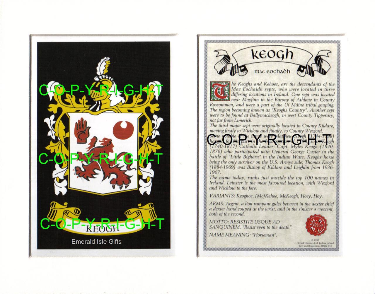 KEOGH Family Coat of Arms Crest + History - Available Mounted or Framed ...