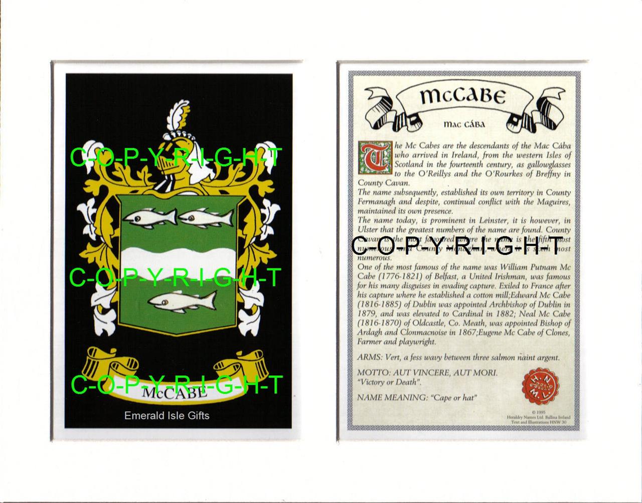 MCCABE Family Coat of Arms Crest + History - Available Mounted or ...