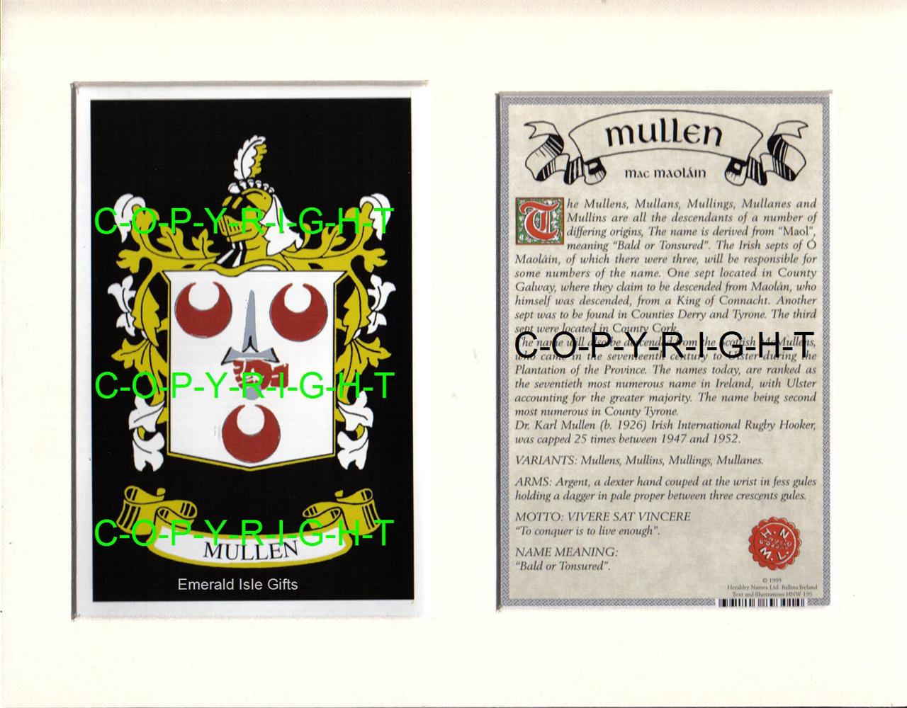 MULLEN Family Coat of Arms Crest + History - Available Mounted or ...