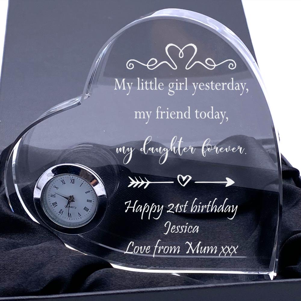 Gift For Daughter Personalised Engraved Heart Crystal Glass Clock HCL-8 ...