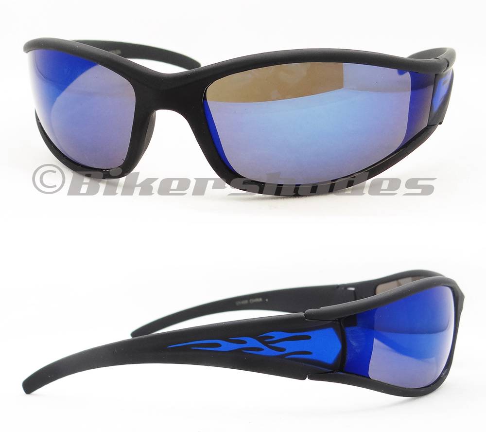 Wraparound Motorcycle Sunglasses Mirrored Lens Flame Design Temples ...
