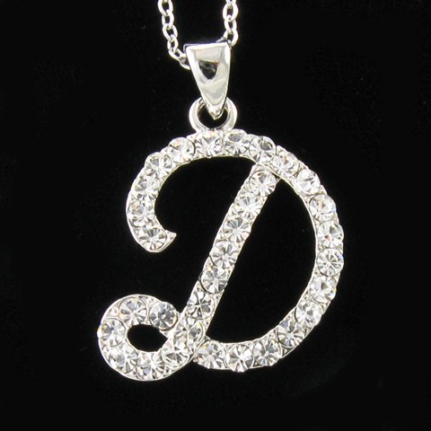 Initial D Necklace Chain Clear Stone Crystal Rhinestone Silver Tone ...