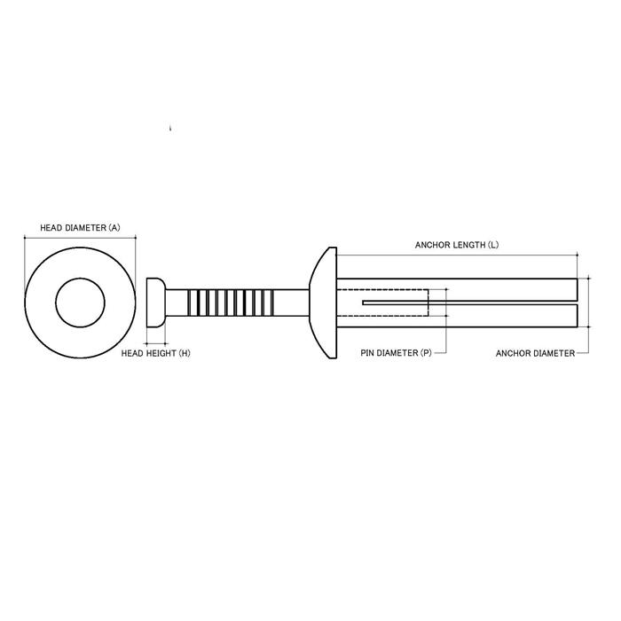 6.5mm x 32mm Zinc Metal Mushroom Knock In Pin Anchors