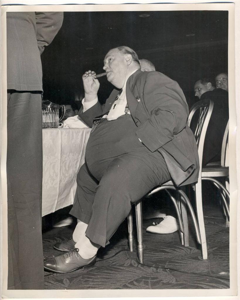 ca. 1940 VINTAGE SNAPSHOT BIG PHOTO of OBESE FAT MAN SMOKING CIGAR AT ...
