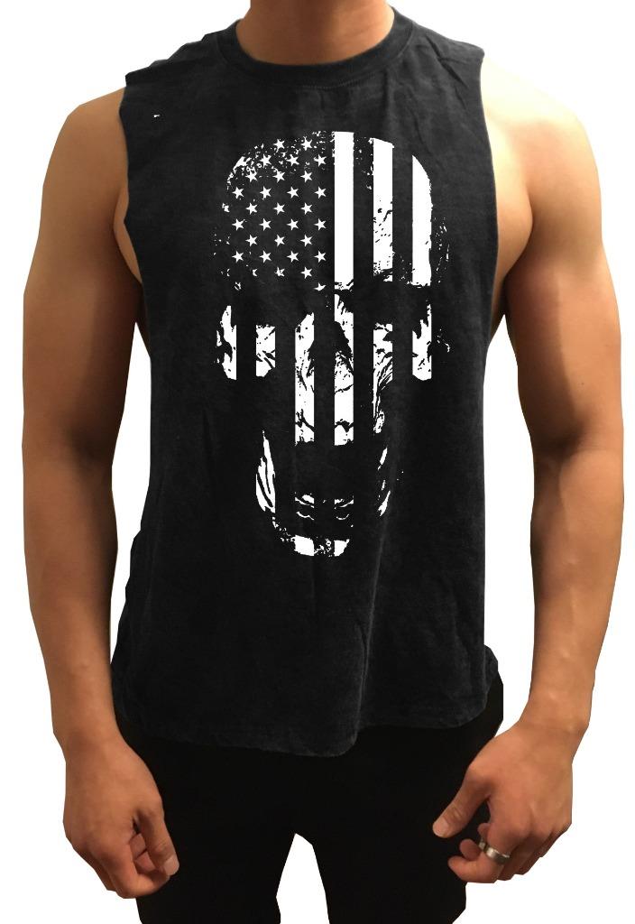 NW Mens American Flag Skull Workout bodybuilding gym muscle shirt Loose ...