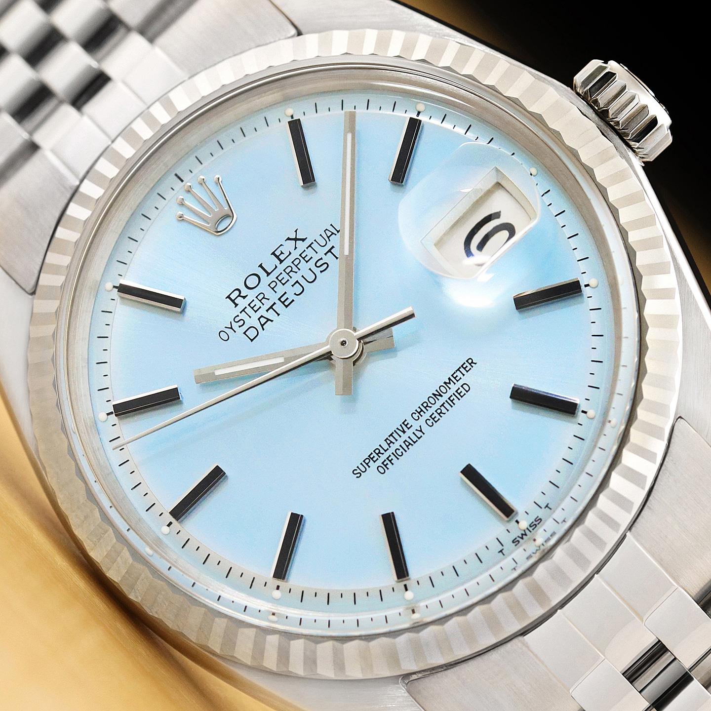 ROLEX MENS DATEJUST ICE BLUE 18K GOLD STAINLESS STEEL WATCH w/ JUBILEE ...