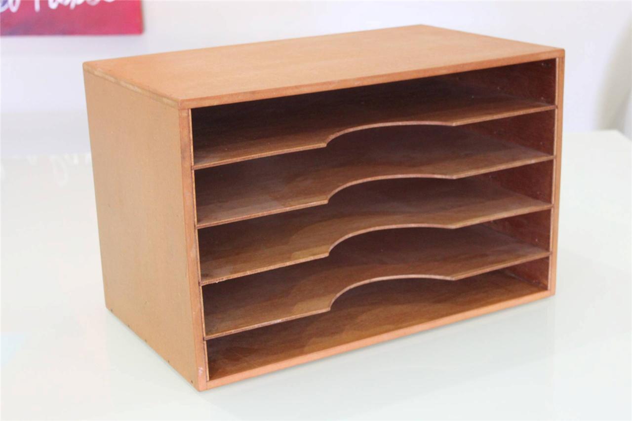 Vintage Wooden Document Filing Shelf Tray Paper Desk File Organiser
