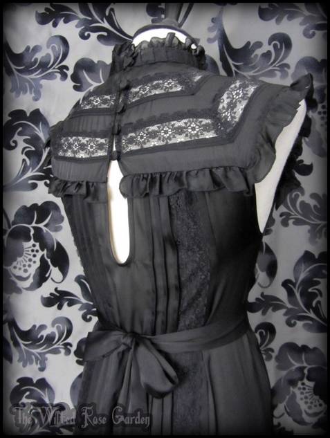 Victorian Goth Black Satin Lace High Neck Governess Dress 12 Romantic ...