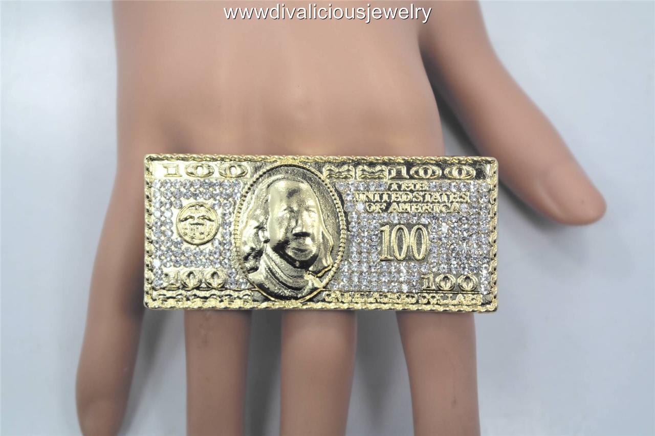 Crystal 100 Dollar Bill Cash Money Bling Diva Knuckle Ring - Gold or ...