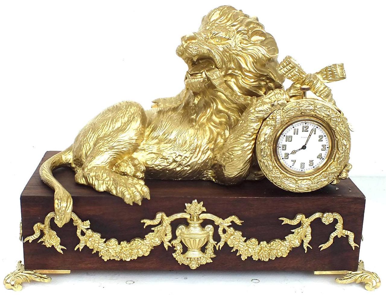 Bronze Lion Mantel Clock - Original Ormolu 8 Day Clock - Antique Clocks ...