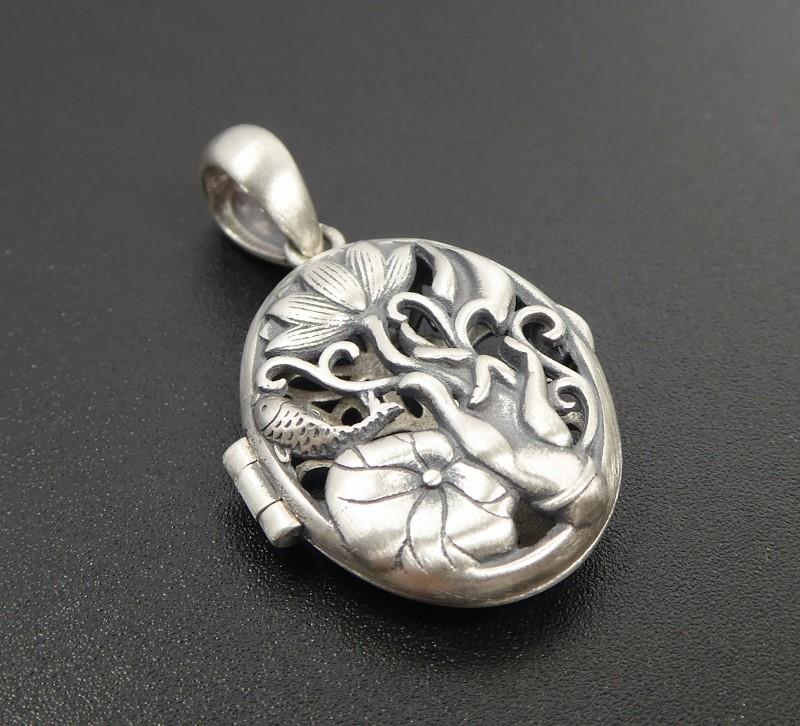 Matte Sterling Silver Ornate Cutout Lotus in Hand Koi Fish Oval Locket ...