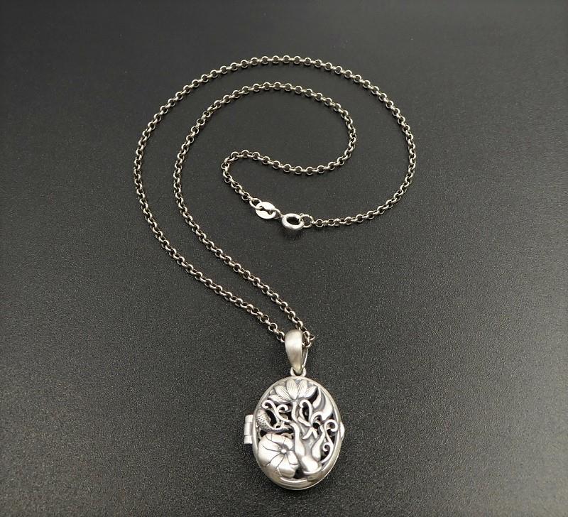 Matte Sterling Silver Ornate Cutout Lotus in Hand Koi Fish Oval Locket ...
