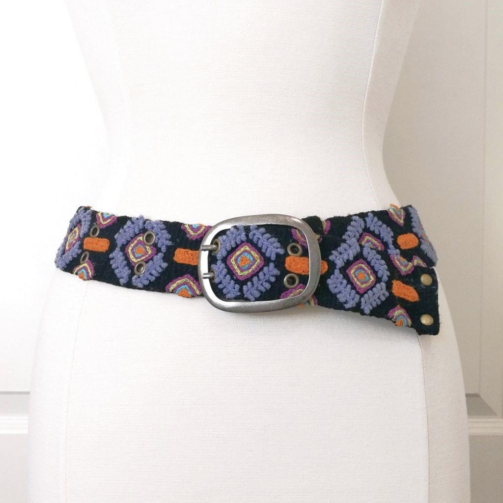 New Jenny Krauss Black Nested Embroidered Wool Belt Handmade Peru S M L ...
