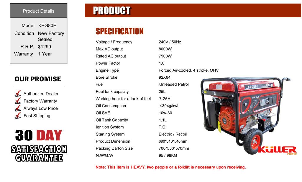 NEW KULLER 18HP 8000w Max/7500w Rated Backup Generator Single-Phase ...