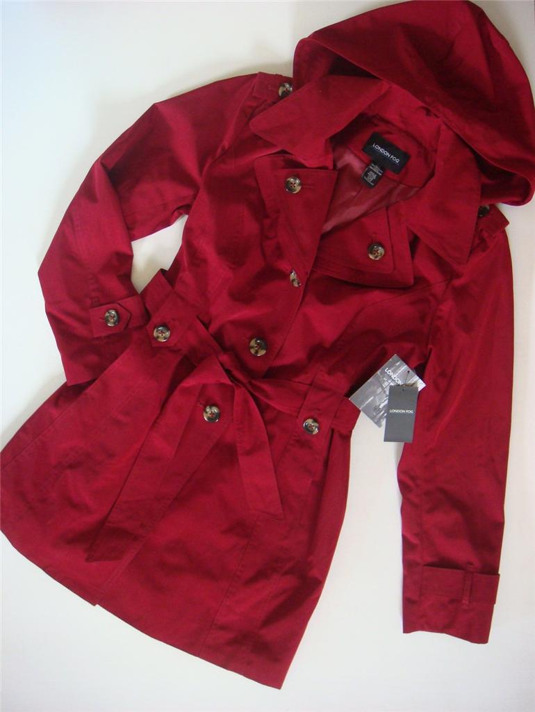 LONDON FOG New Dark Red RainCoat Rain Hooded Jacket Belted Trench Coat ...