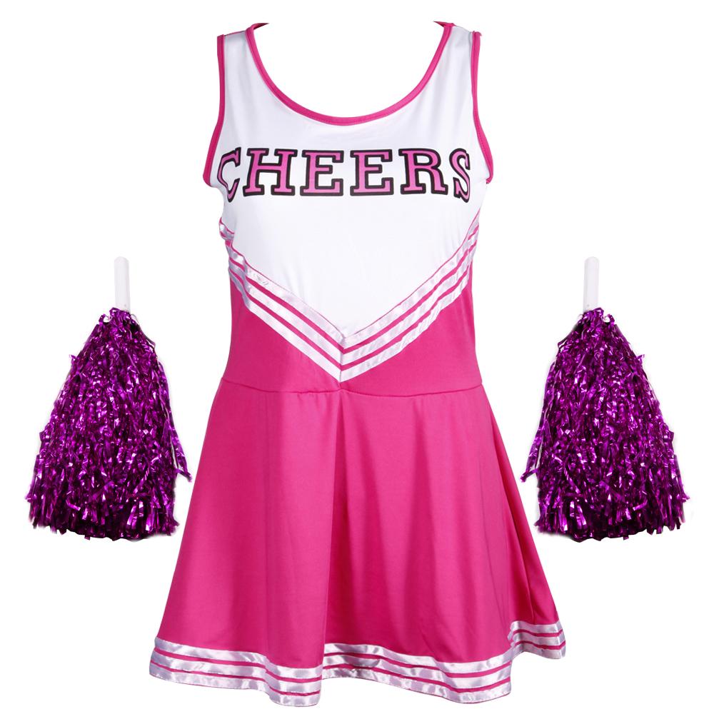 HIGH SCHOOL CHEER LEADER LEADING GIRL FANCY DRESS COSTUME OUTFIT + POM POMS