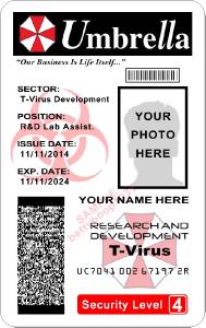 RESIDENT EVIL ID Badge / Card >CUSTOM W/ YOUR PHOTO & INFO