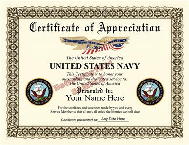 US NAVY Certificate of Appreciation ***8.5 by 11 inches*** Military ...