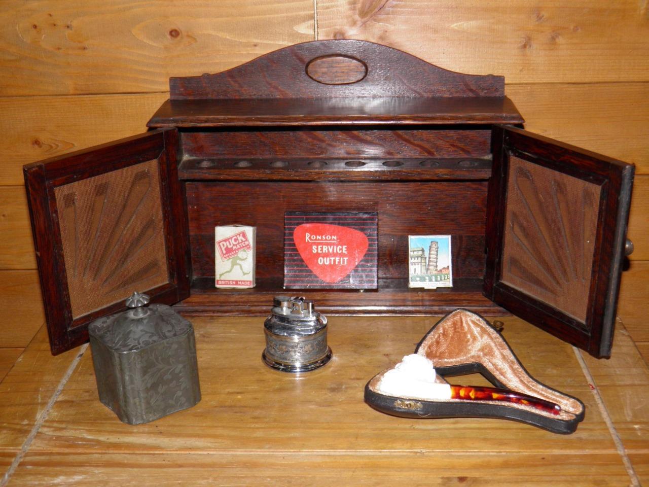 Antique Pipe Rack,Meachum Pipe,Pewter Tobacco Pot. Match boxes, Lighter ...