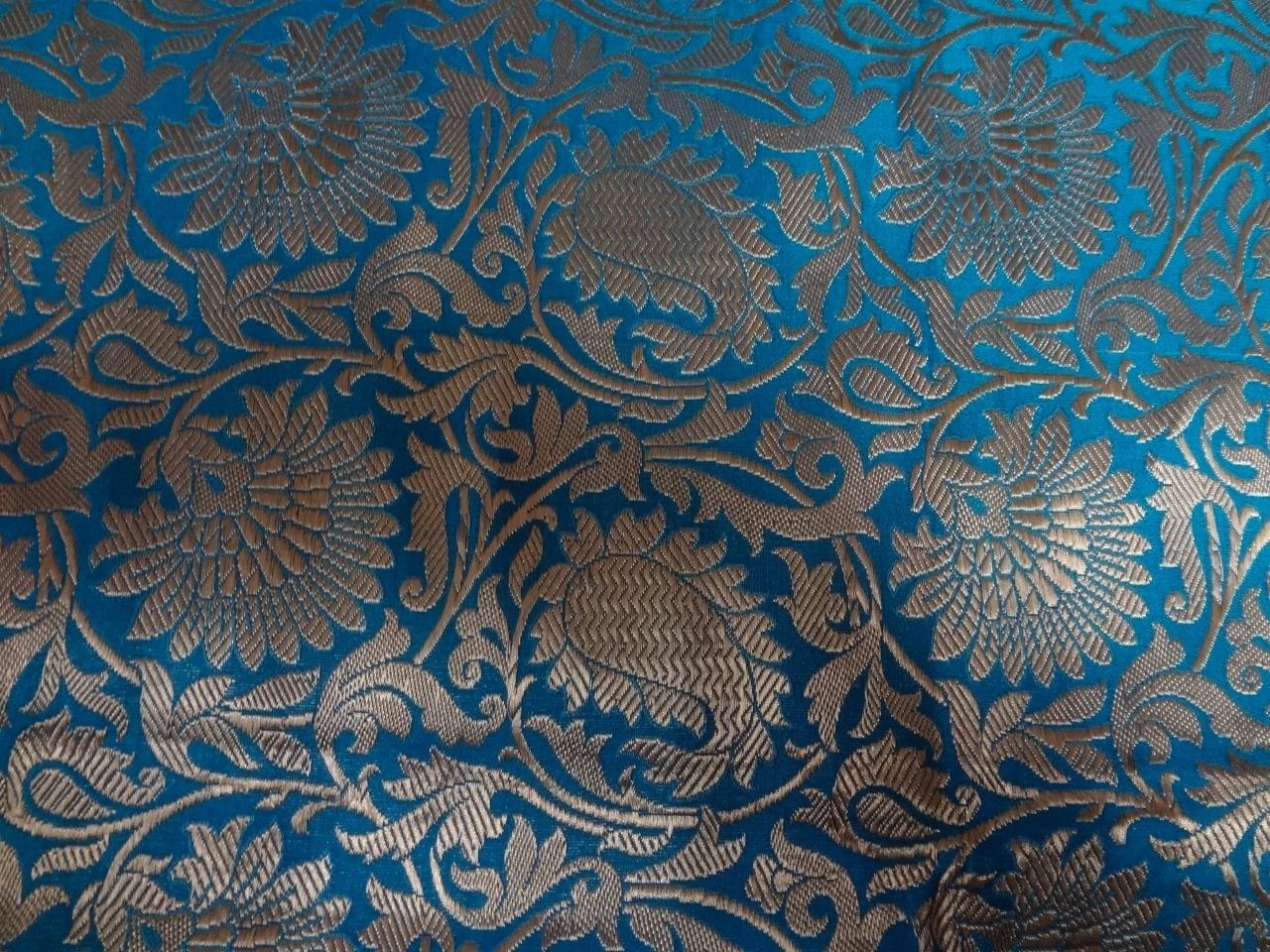 SILK BROCADE FABRIC BLUE X ANTIQUE GOLD COLOR