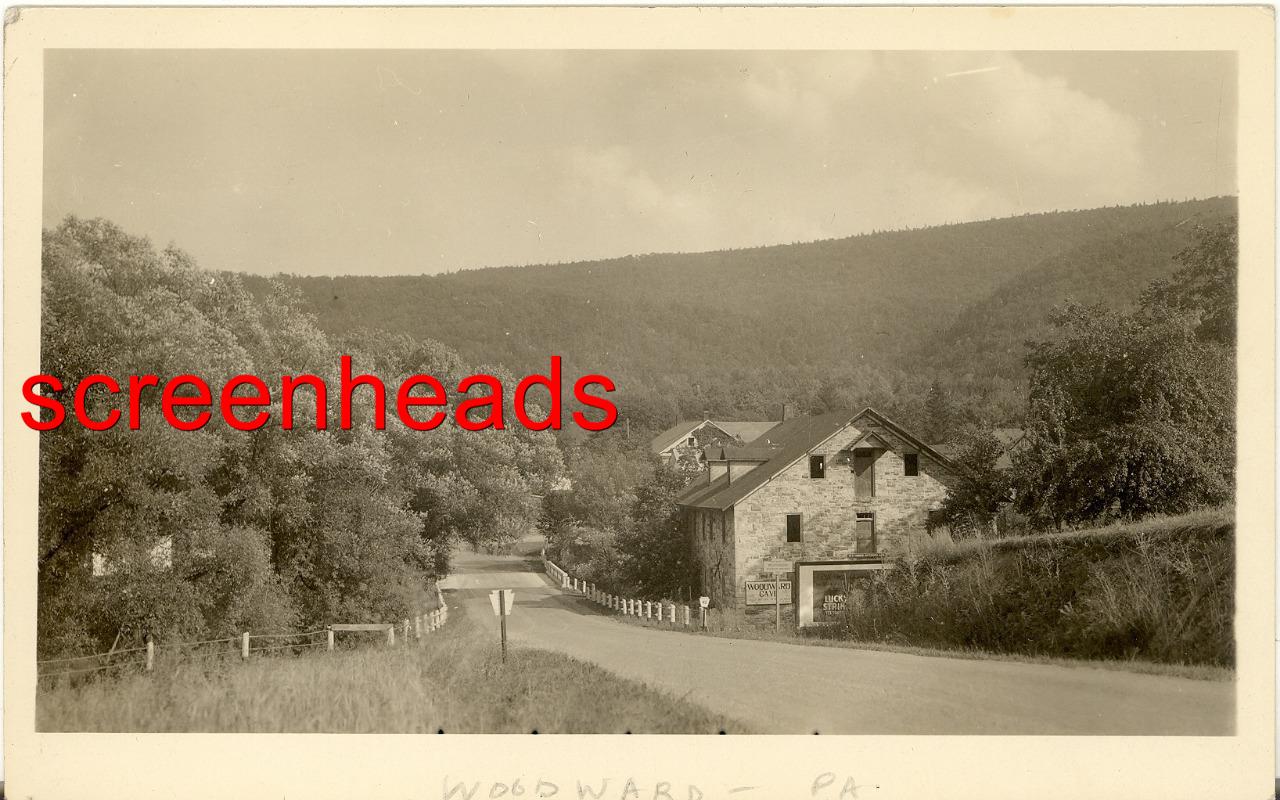 C1915 RPPC PHOTO WOODWARD PENNSYLVANIA "RT.45 INN CAVE & LUCKY STRIKE ...