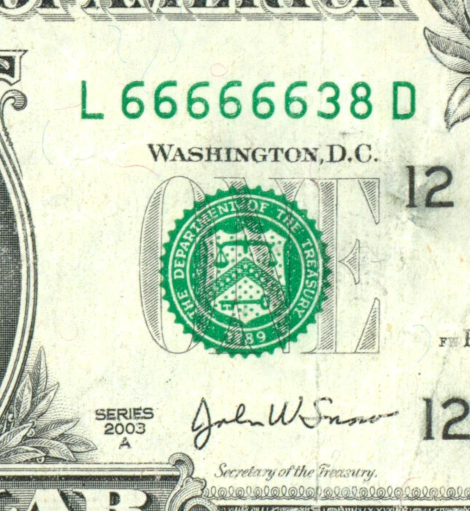 (( 6 IN A ROW )) $1 2003 (( 66666638 )) FEDERAL RESERVE ** PAPER ...