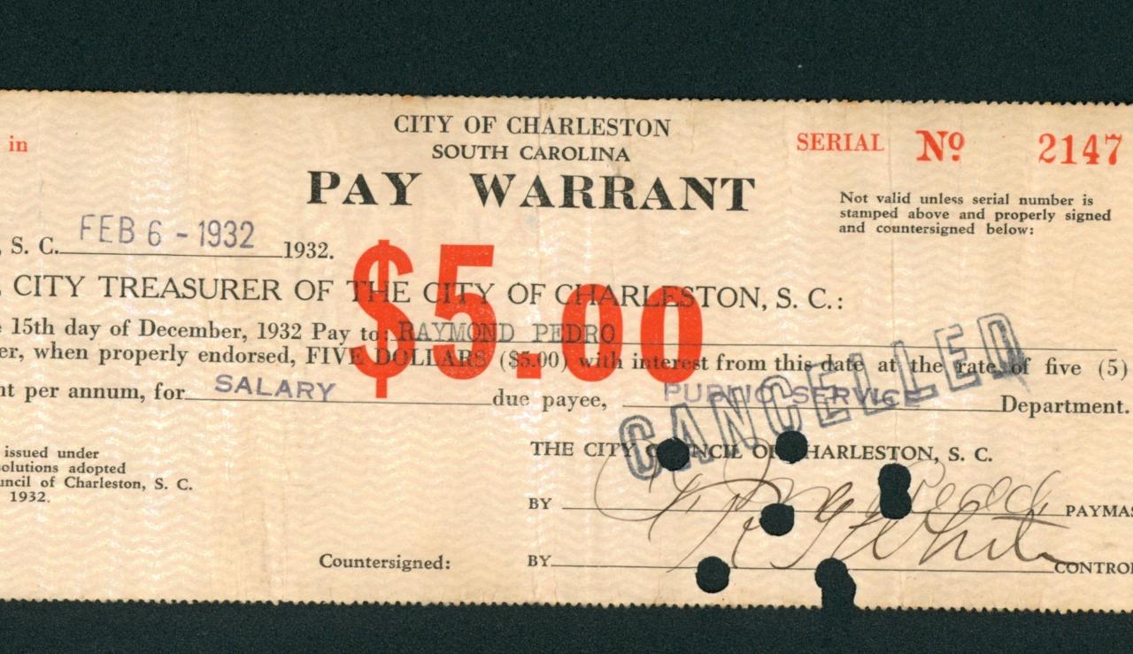 1932 $5 PAY WARRANT Charleston, South Carolina DAILY CURRENCY AUCTIONS ...