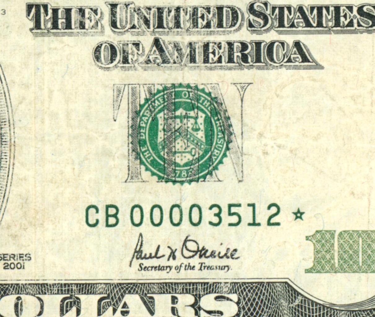 (( STAR - 4 DIGIT )) $10 2001 (( 00003512 )) FANCY SERIAL # PAPER ...
