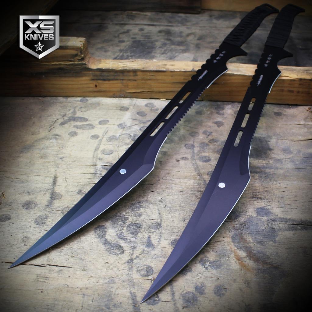 27" 2pc Black Ninja Sword Set Full Tang Machete Tactical Katana w/ BACK ...