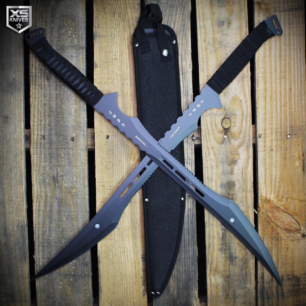 27" 2pc Black Ninja Sword Set Full Tang Machete Tactical Katana w/ BACK ...