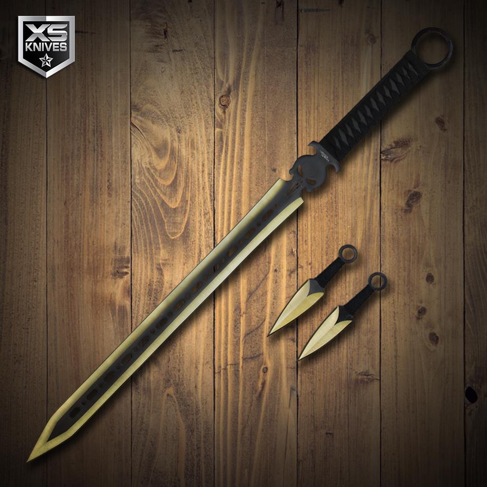 27" NINJA SWORD Golden Skull MACHETE Tactical Full Tang Katana ...